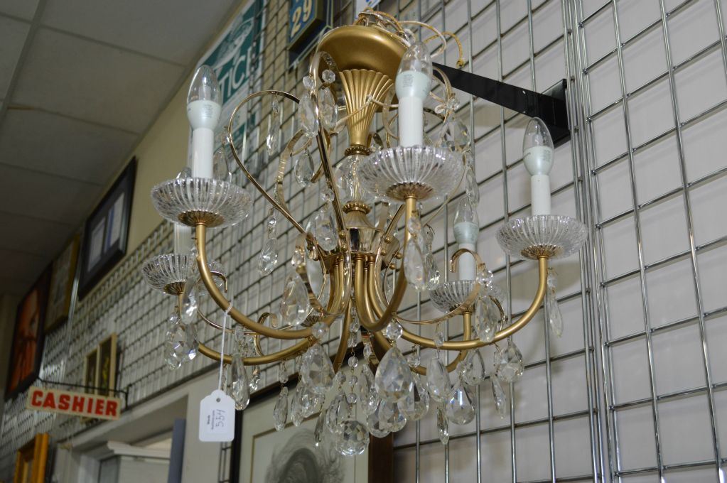 Vintage six branch chandelier with hanging glass lustres