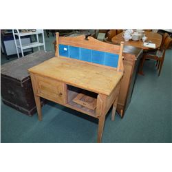 Primitive two door wash stand with tiled backboard