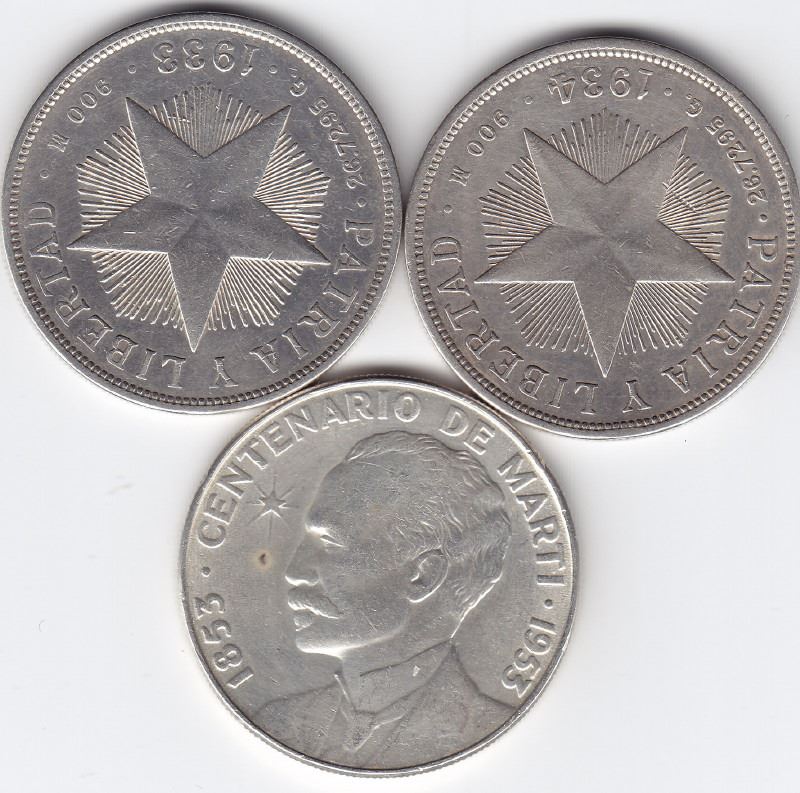 3 Vintage Cuban Silver Peso Coins - 1933, 1934 & 1953