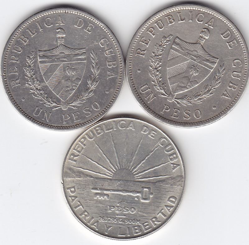 3 Vintage Cuban Silver Peso Coins - 1933, 1934 & 1953