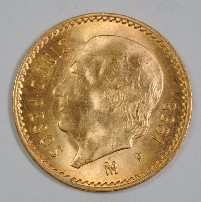 1955 MEXICO GOLD 5 PESO COIN - BU