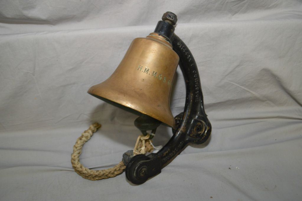 Antique brass and cast iron ship's bell marked H.M.N.G.B 679 made by ...