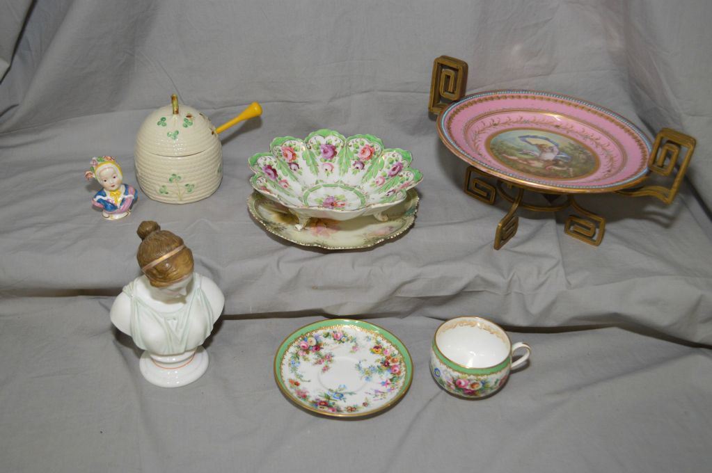 Selection of vintage collectibles including hand painted cups and ...