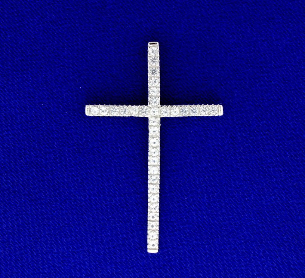 Large White Sapphire Sterling Silver Cross Pendant