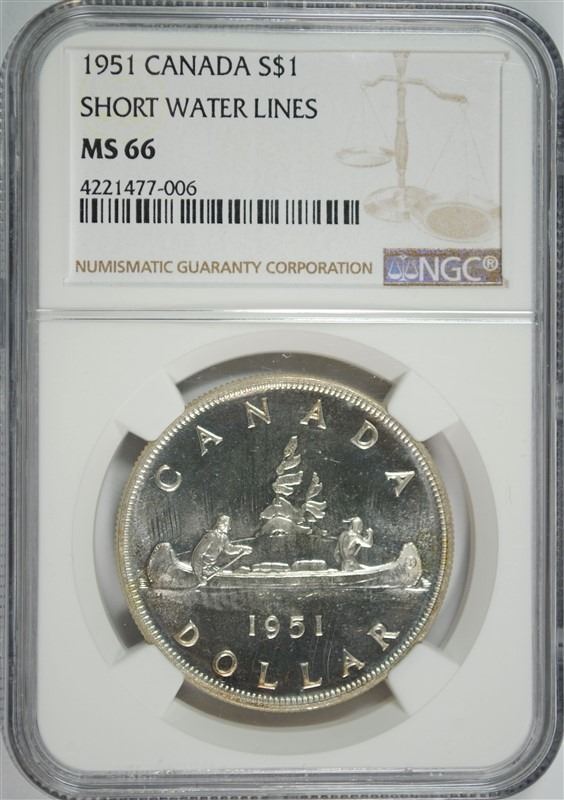 1951 CANADA SILVER DOLLAR, SHORT WATER LINES, NGC MS-66 RARE!!! POP OF ...