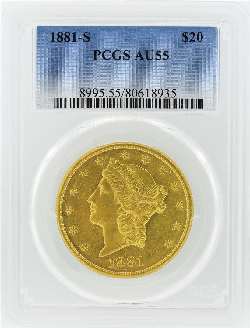 1881-S $20 Liberty Head Double Eagle Gold Coin PCGS AU55