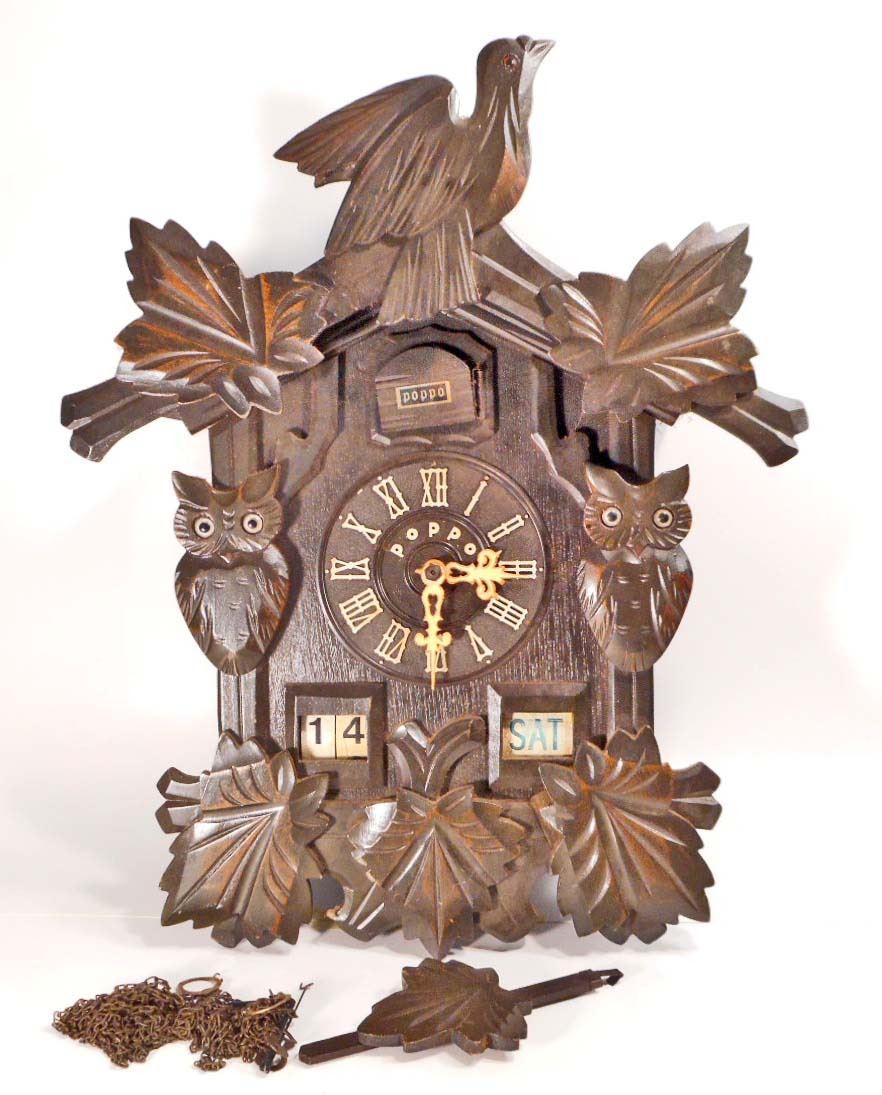 VERY RARE VINTAGE TEZUKA POPPO OWLS CUCKOO CLOCK W/ DAY AND DATE CALENDAR