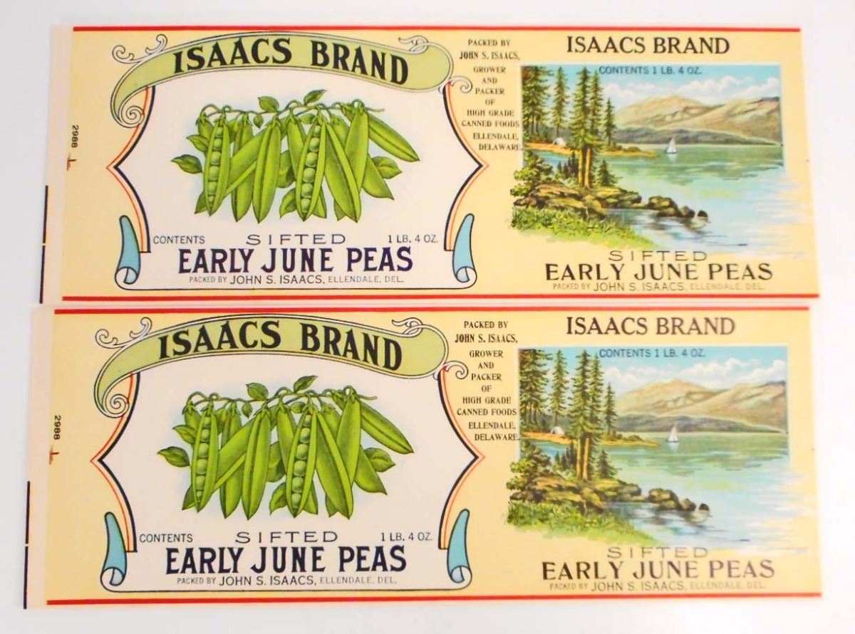LOT OF 2 VINTAGE ISAACS EARLY JUNE PEAS CAN LABELS