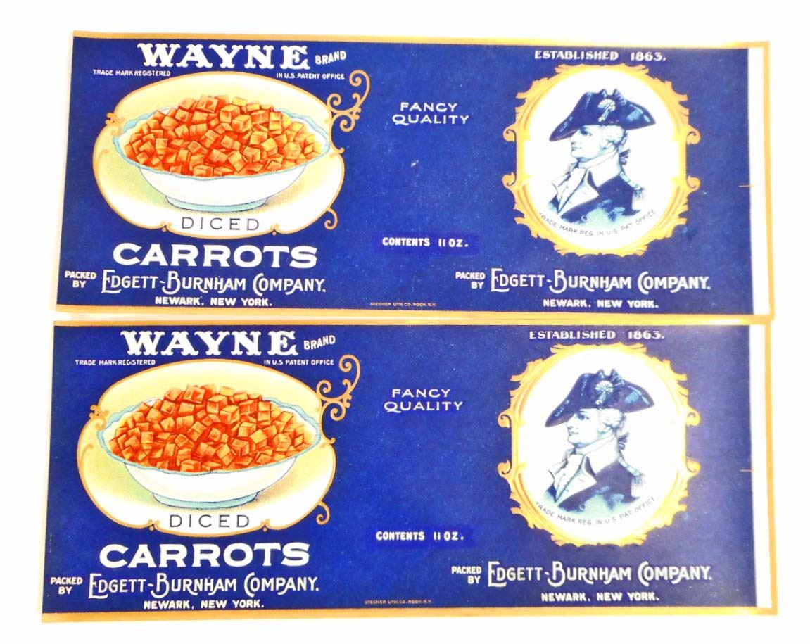 LOT OF 2 VINTAGE GENERAL WAYNE DICED CARROTS LABELS