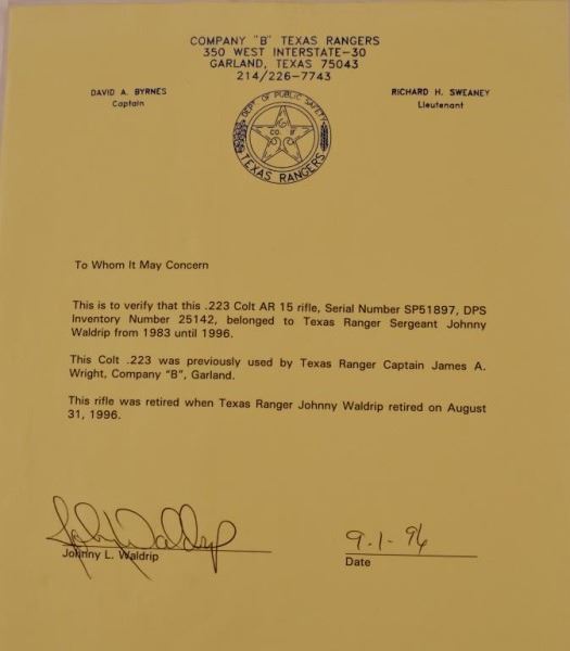 Texas Ranger Duty Carried Colt AR-15 .223 Rifle