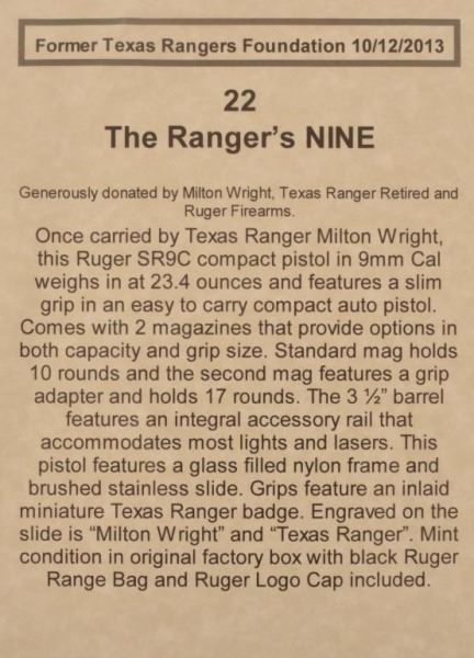 Texas Ranger Milton Wright's Ruger SR9c 9mm Pistol