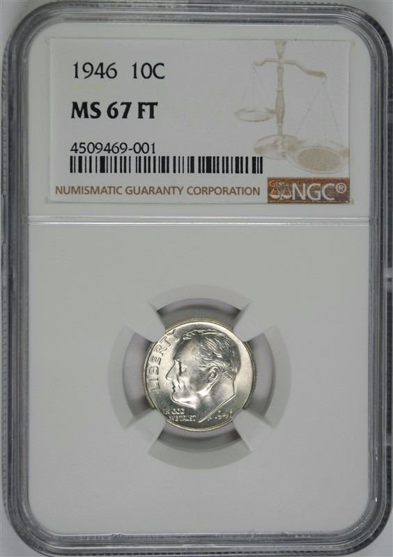1946 ROOSEVELT DIME, NGC MS-67 FULL TORCH NGC PRICE GUIDE=$515.00