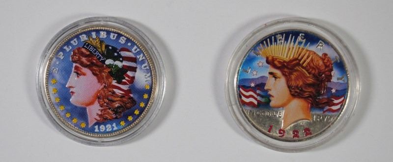 2 - COLORIZED / PAINTED SILVER DOLLARS; 1921 MORGAN & 1922 PEACE