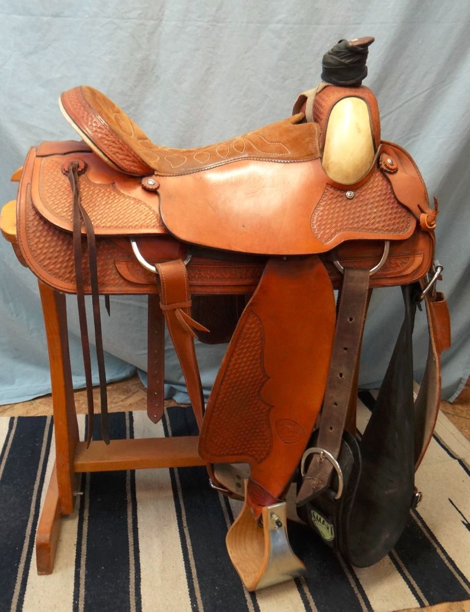 Hereford, 17", roping saddle, double rig, basket stamp, bell stirrups ...