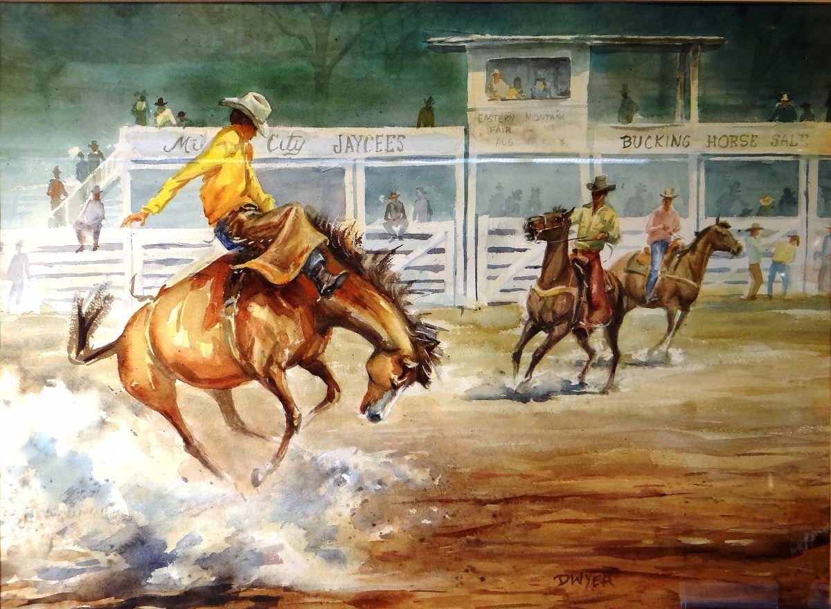 Anna Dwyer watercolor, "Miles City Bucking Horses," 20" x 26", framed