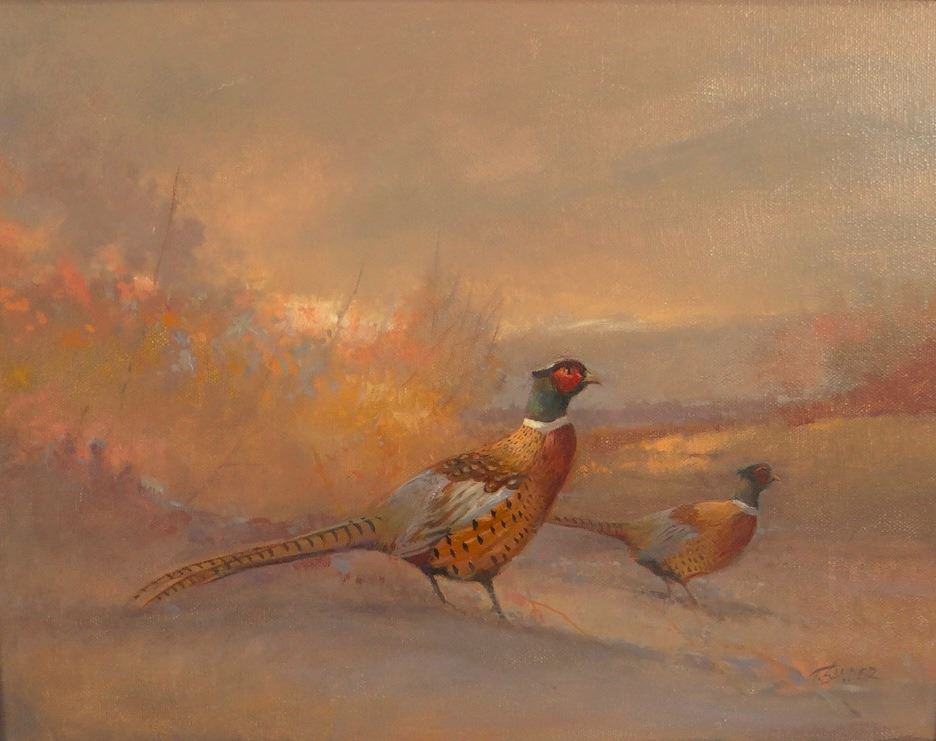 Tom Sander oil on board, pheasants, 11" x 14", framed