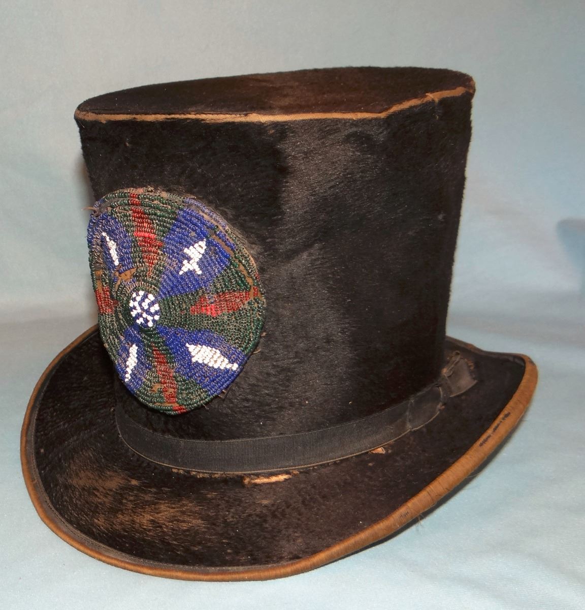 Sioux beaded top hat, rosette beaded front panel, beaver hat made by ...