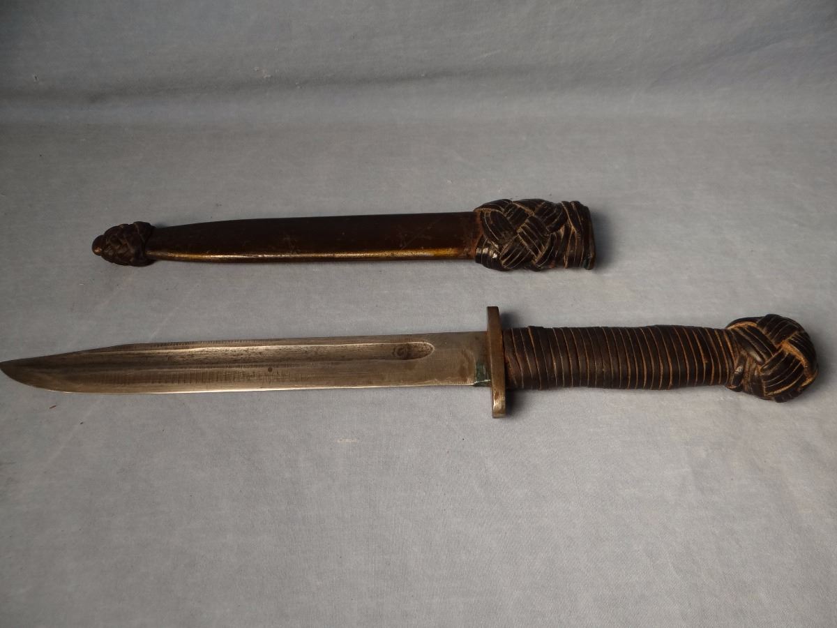 Vintage dagger, brass sheath, braided leather grip
