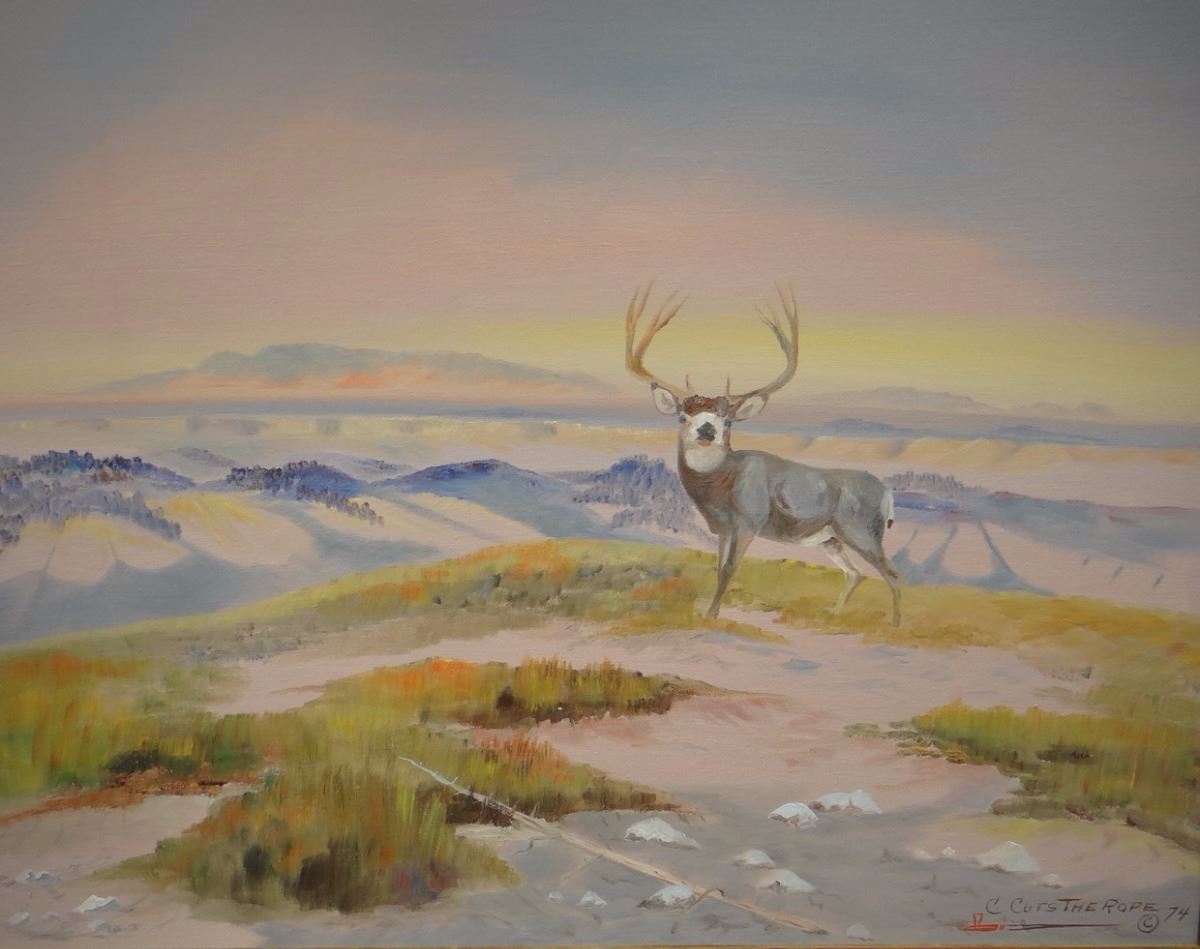 Clarence Cuts The Rope, oil on board, mule deer, 20" x 30", framed