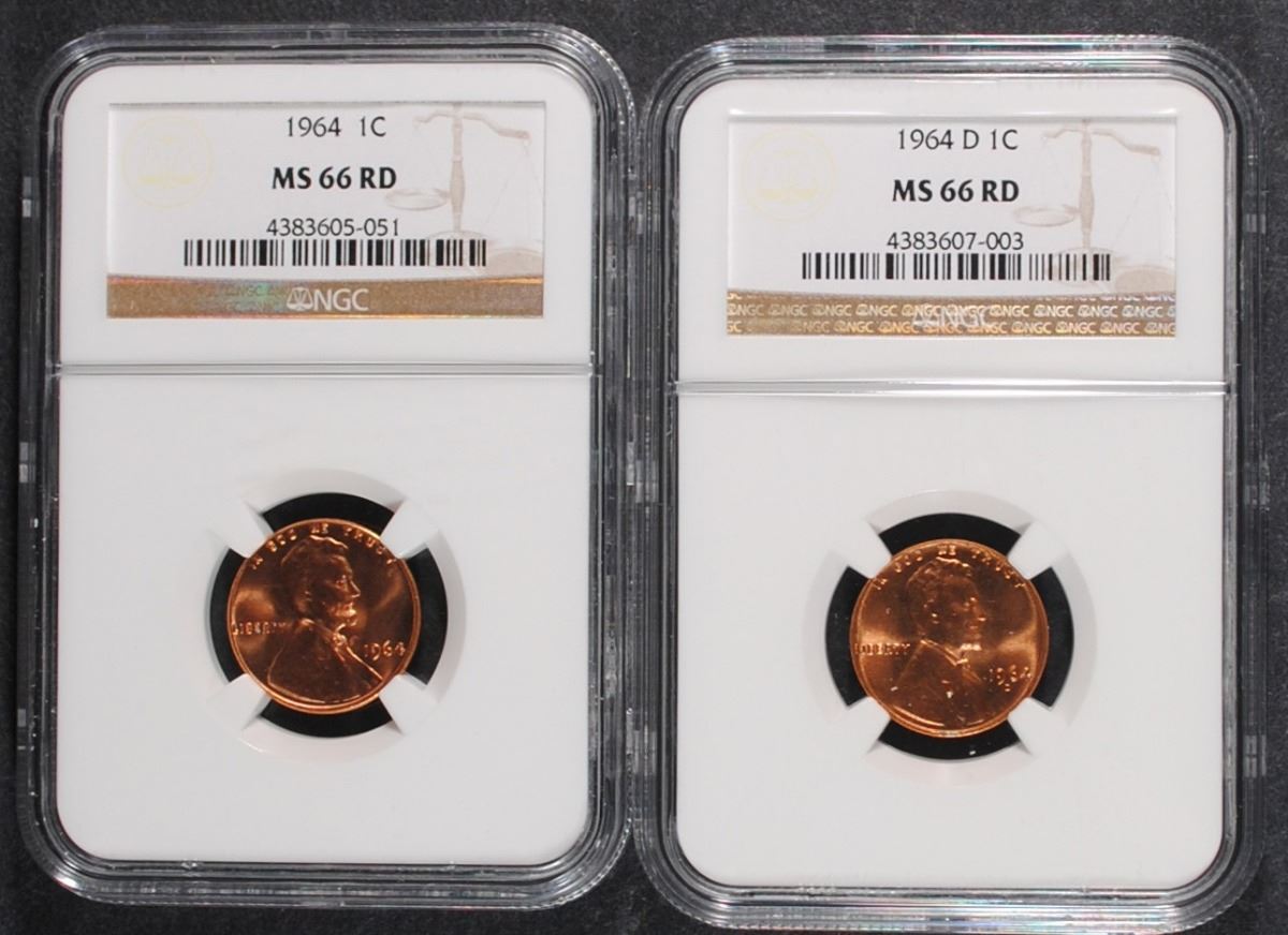 1964 & 1964-D LINCOLN CENTS, NGC MS-66 RED
