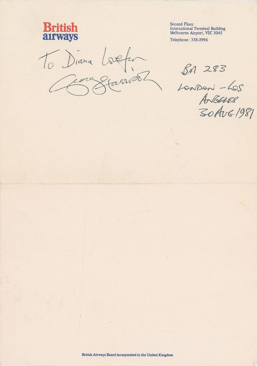 George Harrison Signed British Airways Stationery