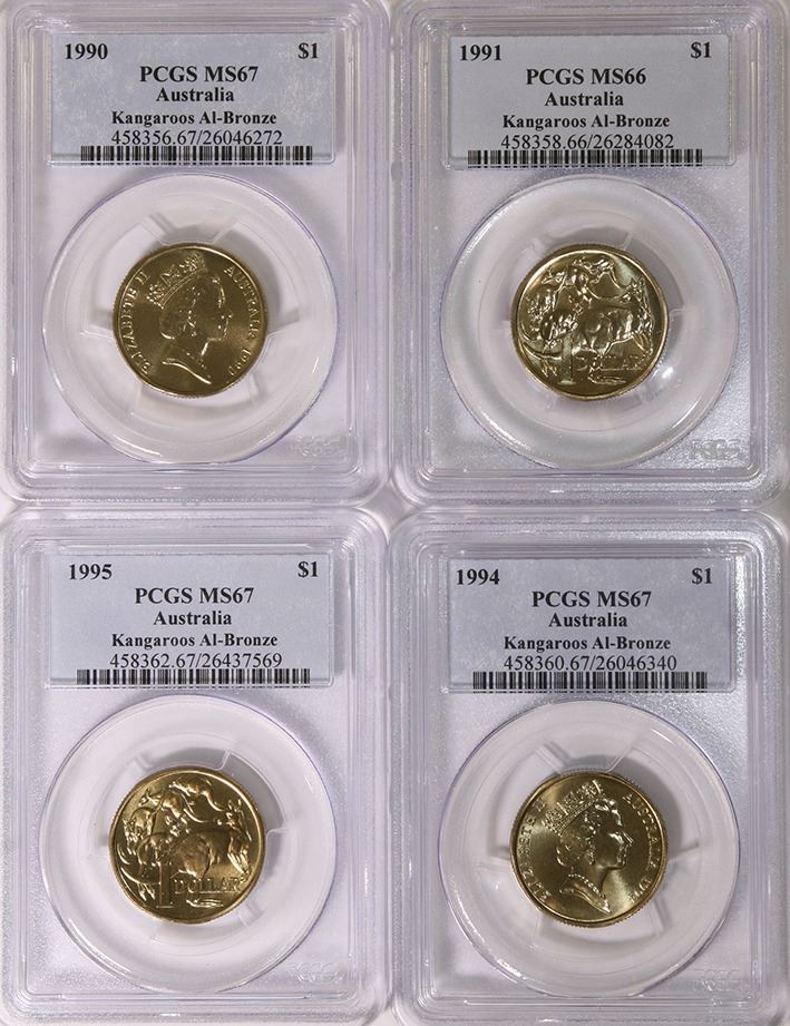 Australia, One Dollar, 1990, 1991, 1994, 1995 PCGS MS66-MS67 (4 coins)