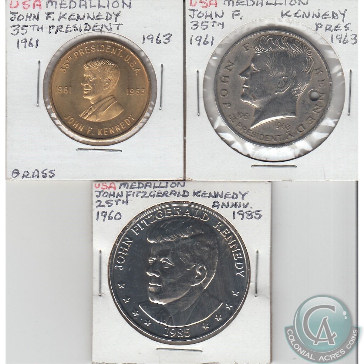 3x United States Commemorative John F. Kennedy Medallions. Lot includes ...