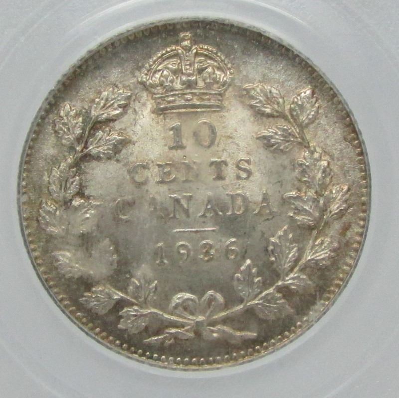1936 Canada PCGS Graded Silver 10-Cent Dime Coin - MS-65
