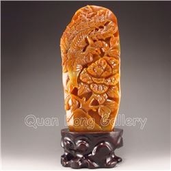 Chinese Huanglong Jade Statue - Phoenix & Peony
