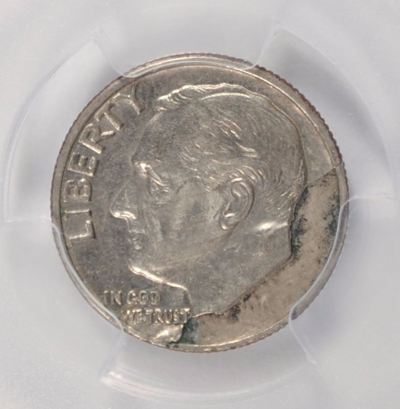 1967 MINT ERROR ROOSEVELT DIME ( PARTIAL DETACH CLAD LAYER, PCGS MS-61