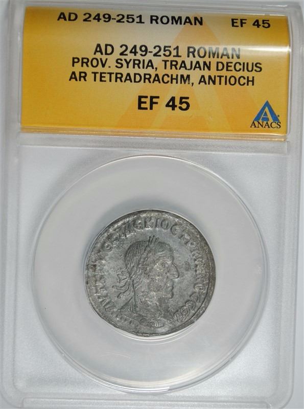 249-251 AD SILVER TETRADRACHM ROMAN ANCIENT COIN ANACS EF 45