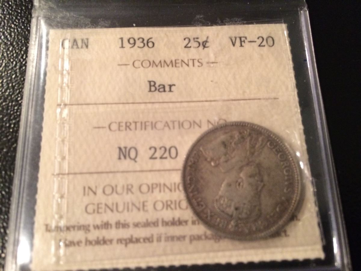1936 Canada 25 Cents *BAR* ICCS VF20