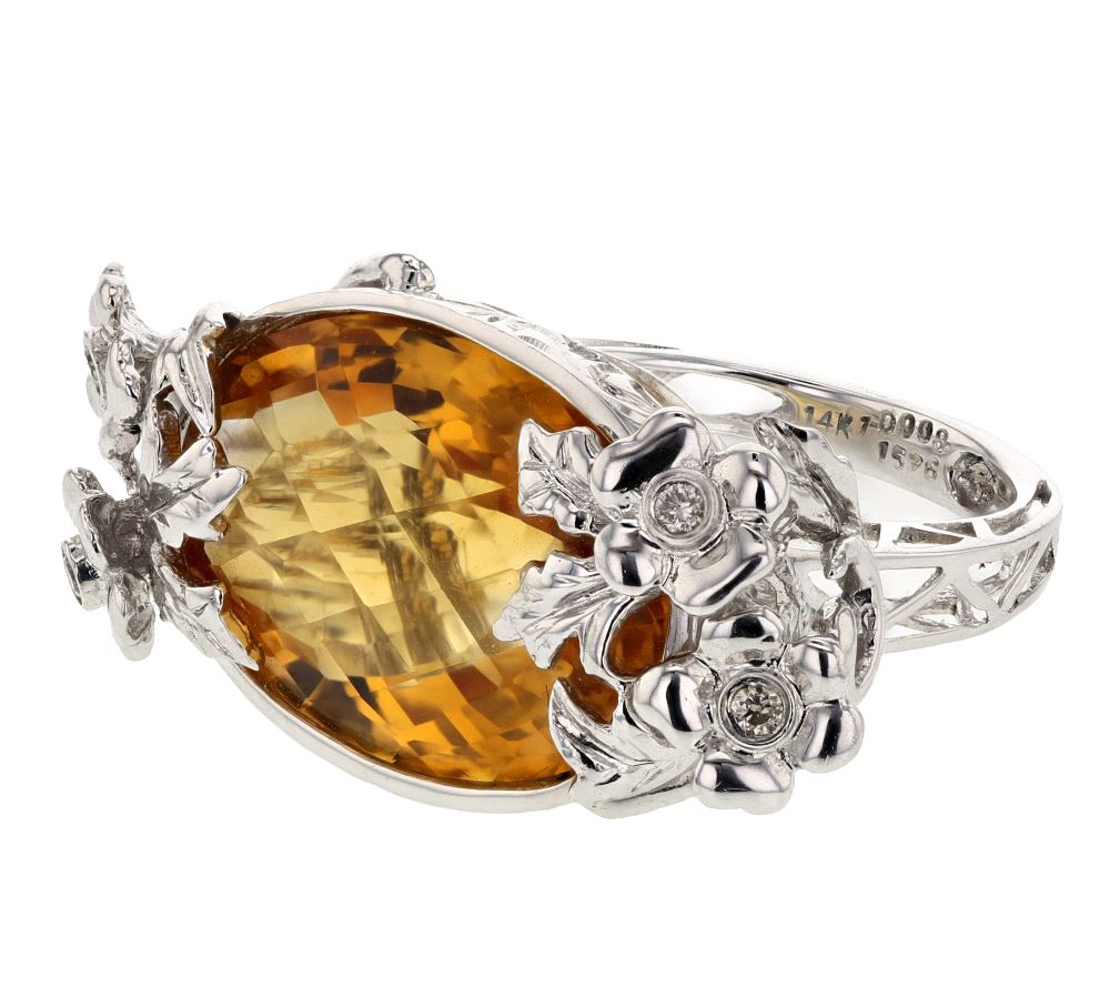 Oval-Shaped Yellow Citrine Ring With Flower In 14K White Gold | 267707