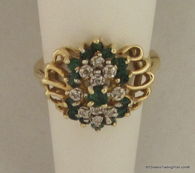 14KP Yellow Gold 15 Round Brilliant Cut Emeralds and 14 Round Brilliant ...