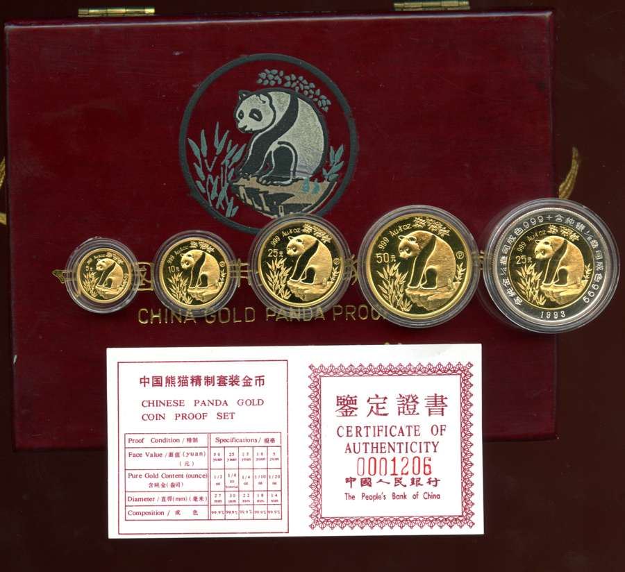 China 1993, Gold Panda Proof Set, 4 gold coins and 1 Bimetal Panda ...