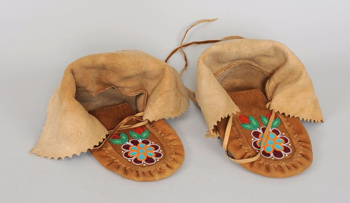 Pair of Dene Beaded Moose Hide Moccasins with Floral Design 11" L. Fine ...
