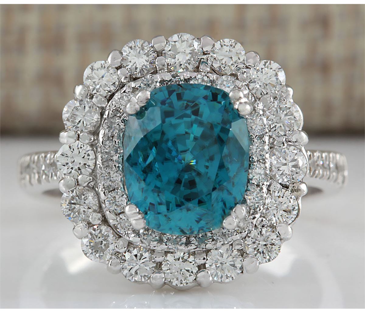 6.54CTW Natural Blue Zircon And Diamond Ring 14K Solid White Gold