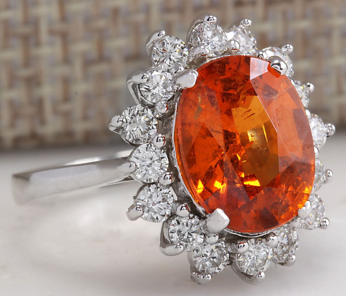 5.91Ct Natural Mandarin Garnet And Diamond Ring In14K White Gold