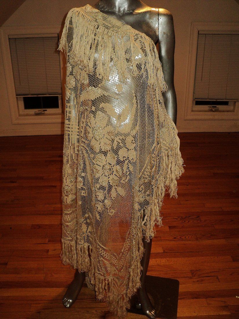 Edwardian Shawl/Toga Hand Embroidered Lace Long Fringes