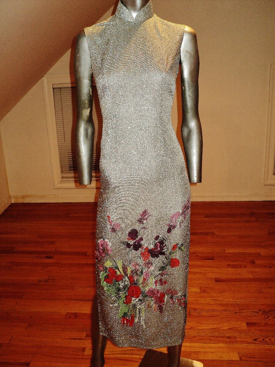 Vintage Metallic Cheongsam Chipao hand painted lurex dress and jacket 1950