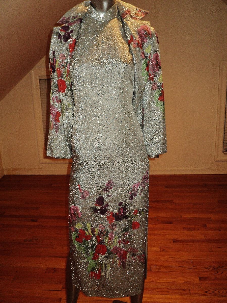 Vintage Metallic Cheongsam Chipao hand painted lurex dress and jacket 1950