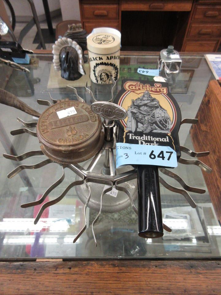 Vintage stamp stand, beer pull & brass compass case