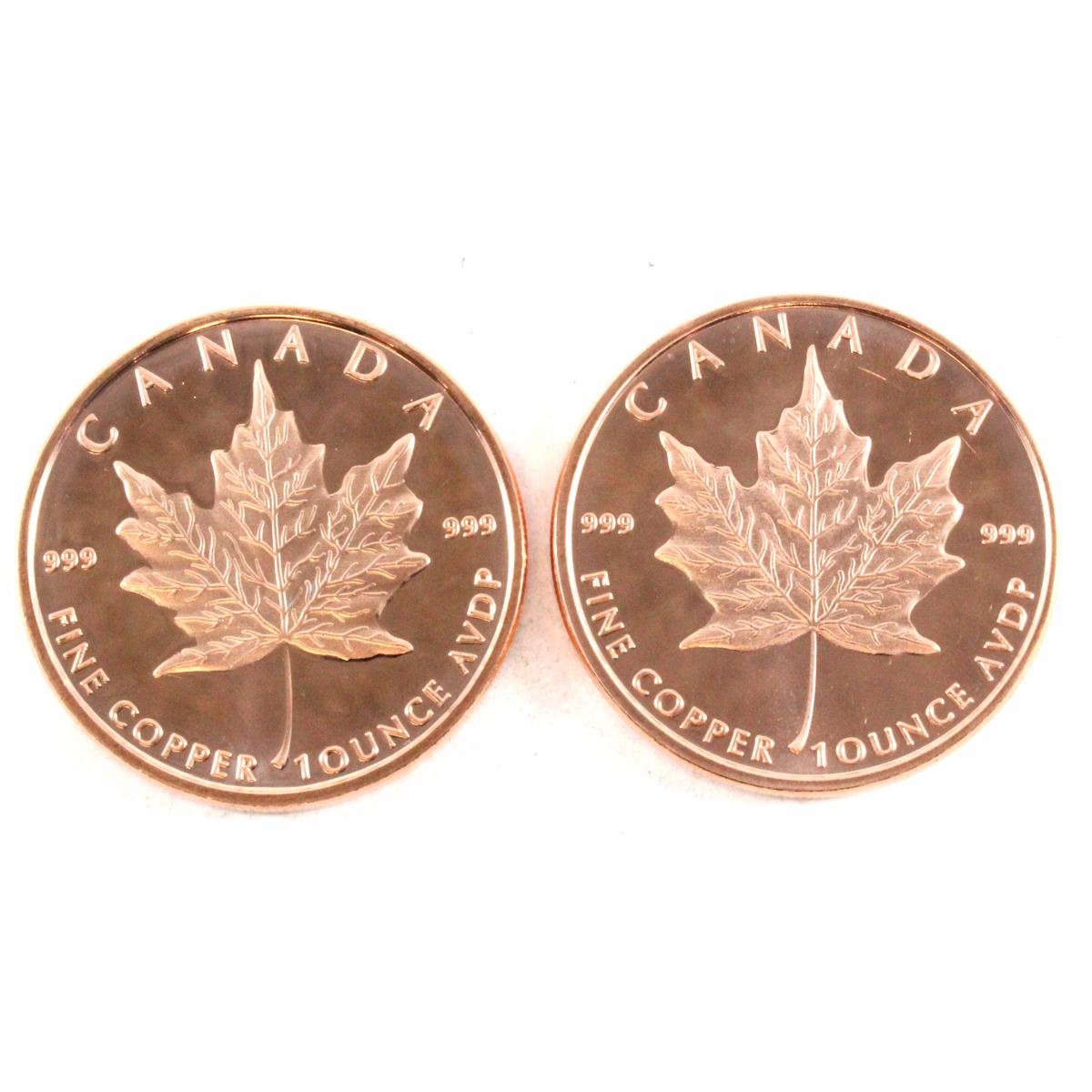 Pair of 1oz. Pure Copper .999 Fine Copper Maple Leaf Rounds. 2pcs (Tax ...