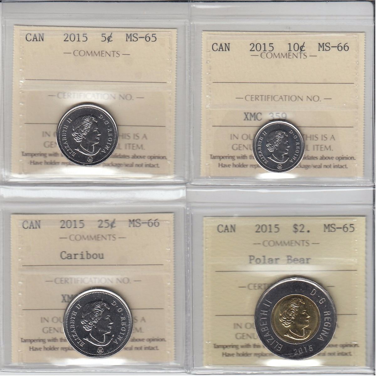 Lot of 4x ICCS Certified Coins: 2015 5-cent MS-65, 2015 10c MS-66,2015 ...