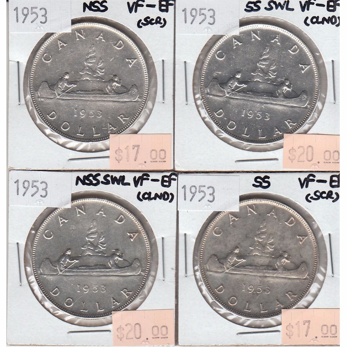 Silver $1 Canada 1953 NSS, SS SWL, NSS SWL & SS VF-EF (Scratched/Cleaned). 4pcs