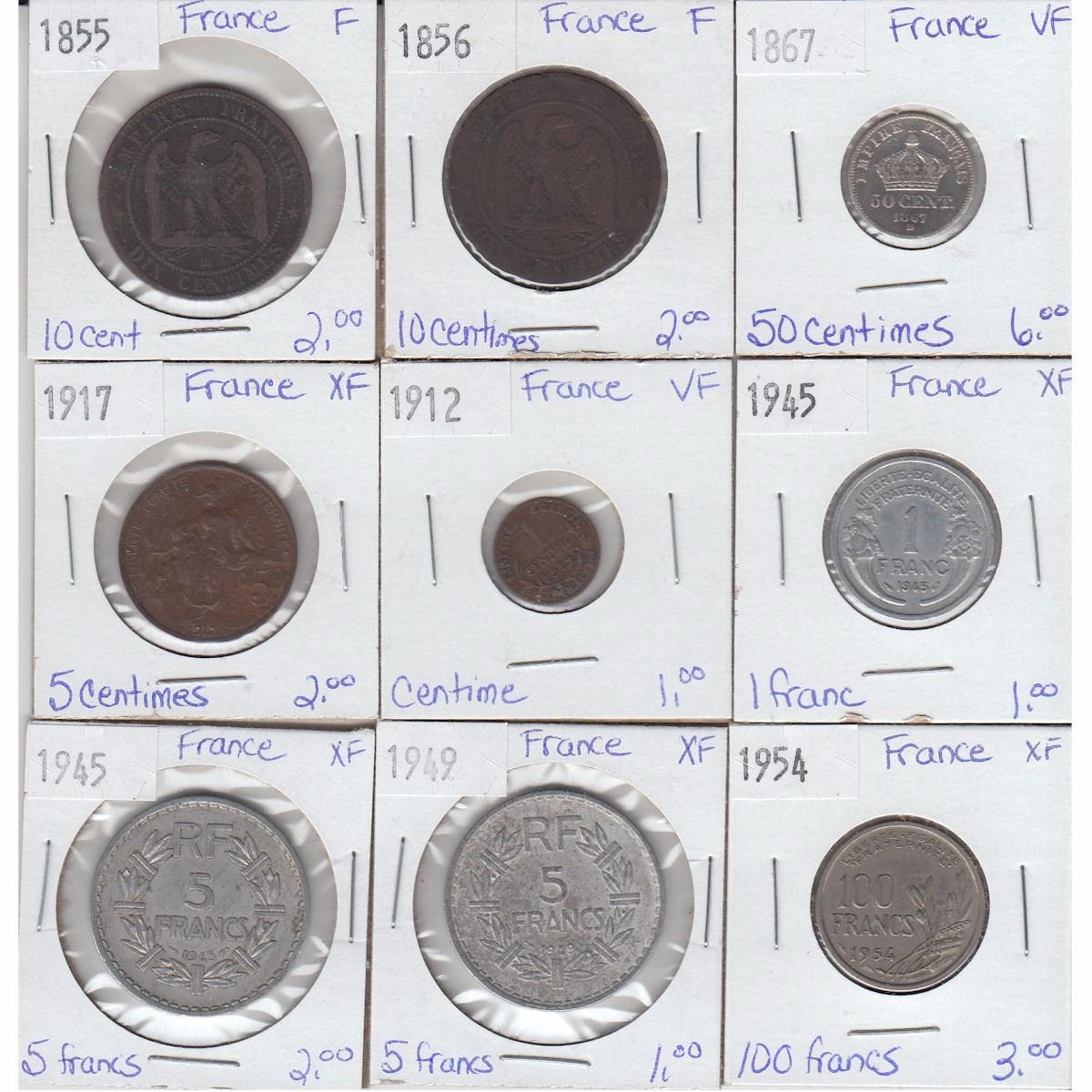 Lot of 9x French Coinage Dated 1855-1954 in Fine to EF. 9pcs
