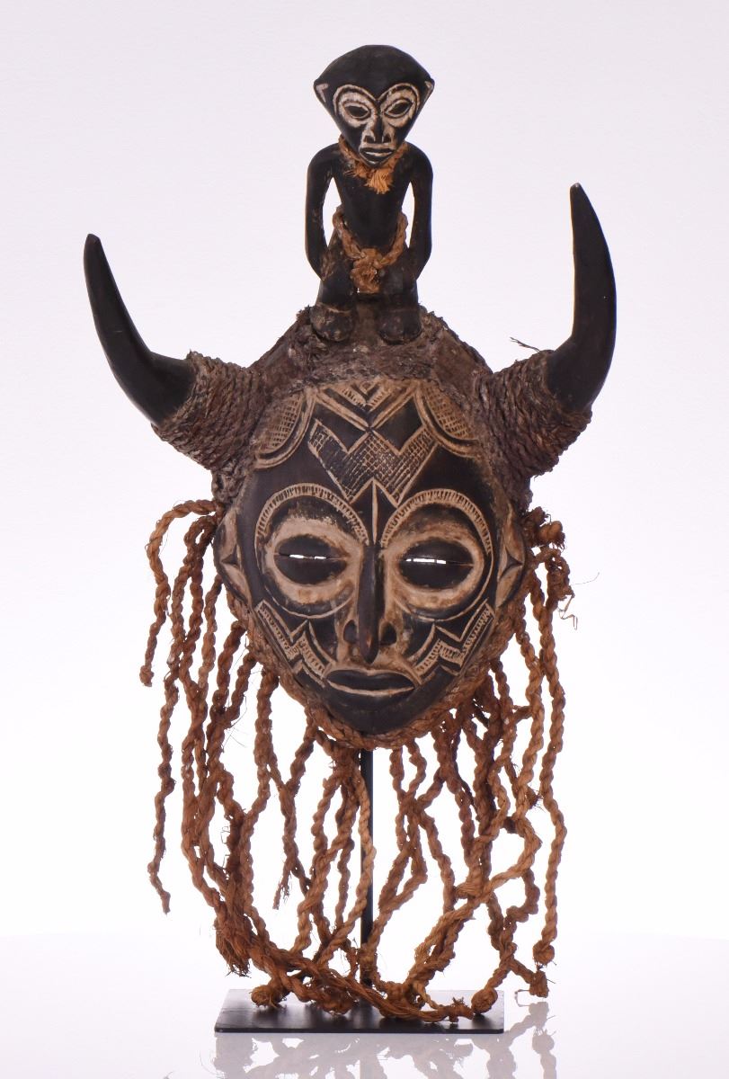 Rare African Chokwe Mask, Wood Carved Adorned