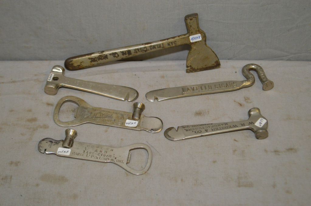 Bag Lot : Six Antique Cigar Box Openers & Closers with Advertising ...