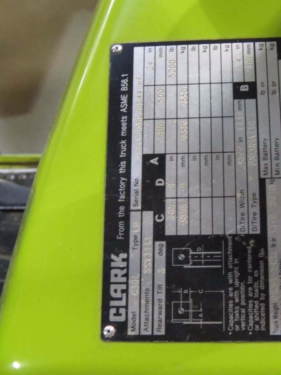 Clark Forklift C30L-LP; 6000 lb; 3 Stage; Side Shift; Propane; 588 ...