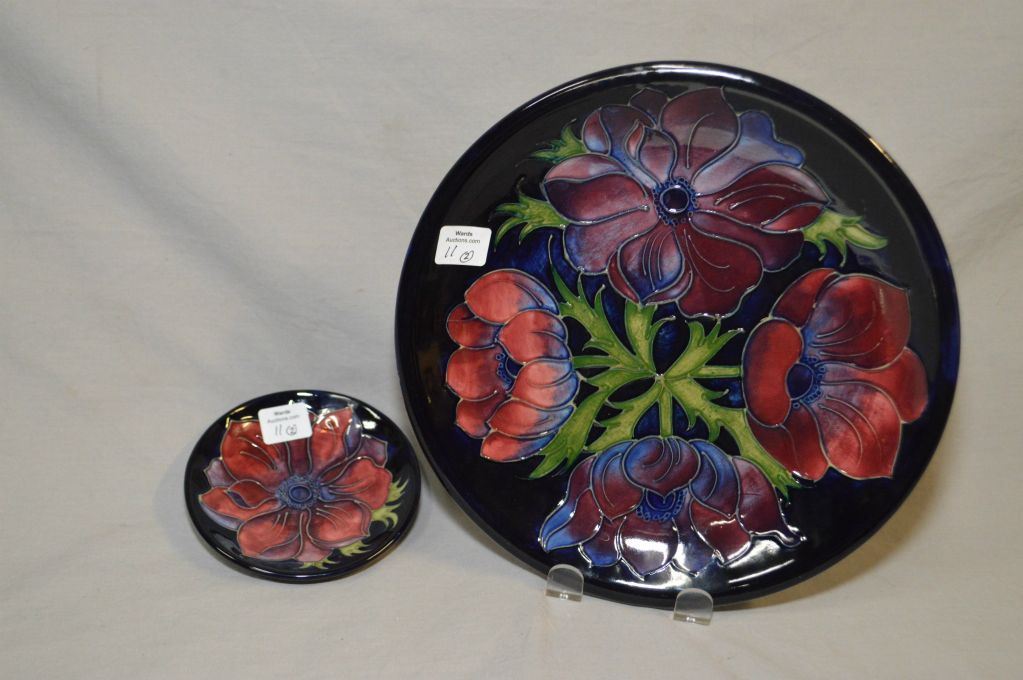 Two pieces of Moorcroft Anemone pottery including 10" rare colour plate ...
